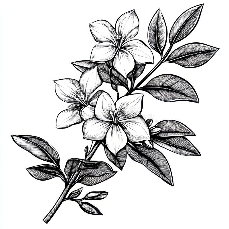 Intricate Line-drawing of Blooming Flowers and Leaves Design Stock ...