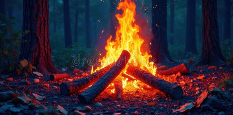 Intricate Line Drawing of Burning Logs and Dancing Flames in a Campfire ...
