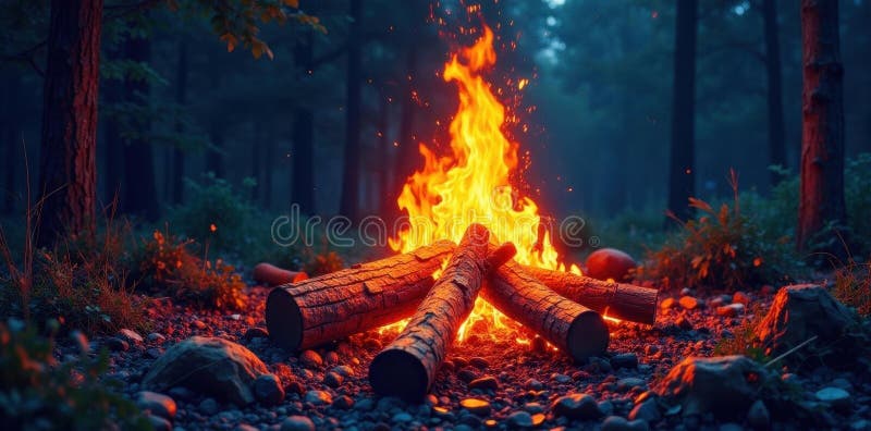 Intricate Line Drawing of Burning Logs and Dancing Flames in a Campfire ...