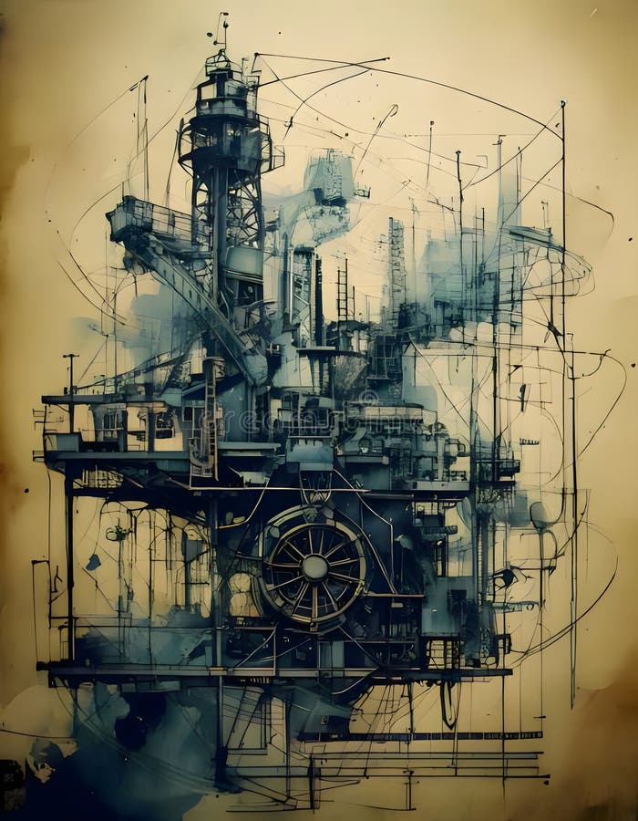 Intricate Line Drawing of a Complex Industrial Structure with a Vintage ...