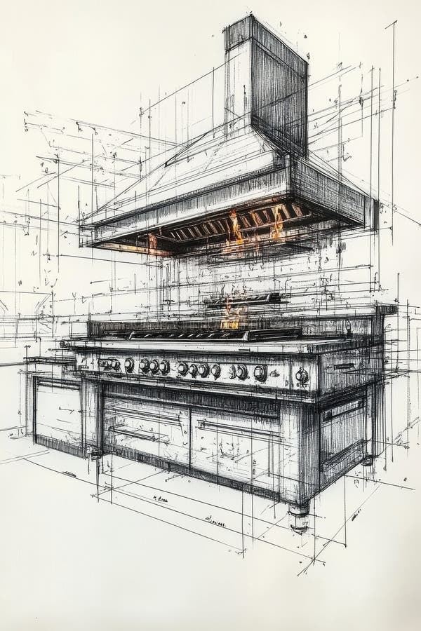 Detailed Architectural Sketch of a Modern Professional Kitchen Range ...