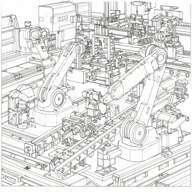 Intricate Line Drawing of a Robotic Assembly Line Featuring Multiple ...