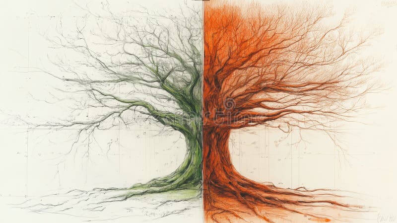 Intricate Line Drawing of a Tree Split into Two Contrasting Halves ...