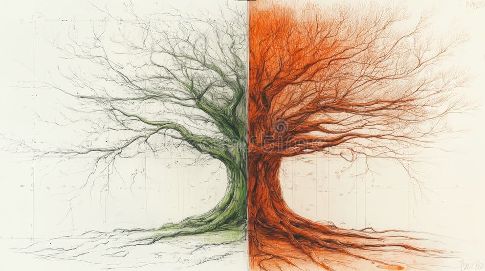 Intricate Line Drawing of a Tree Split into Two Contrasting Halves ...