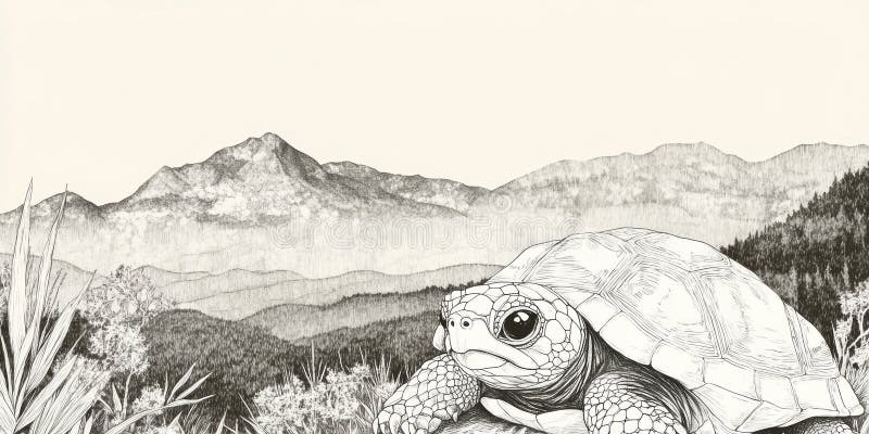 Intricate Line Drawing of a Turtle in a Mountainous Landscape Stock ...