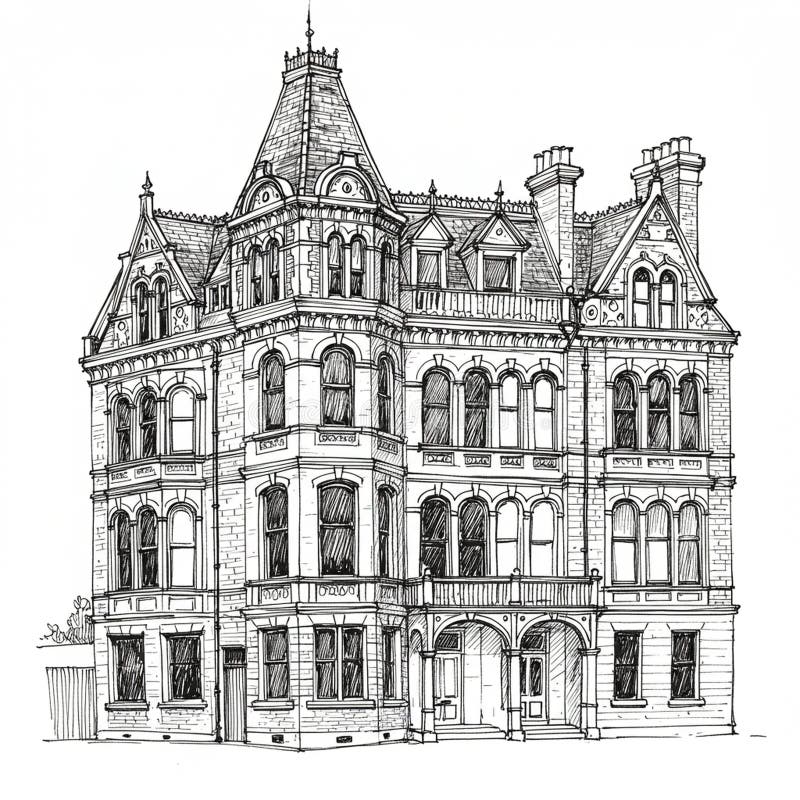 Intricate Line Drawing of a Victorian-style Building, Featuring Ornate ...