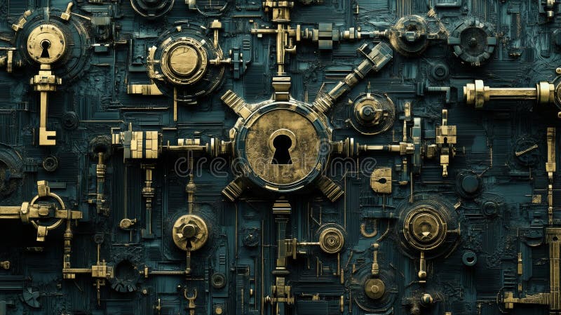 Intricate Lock Mechanism Design Featuring Golden Gears and a Central ...