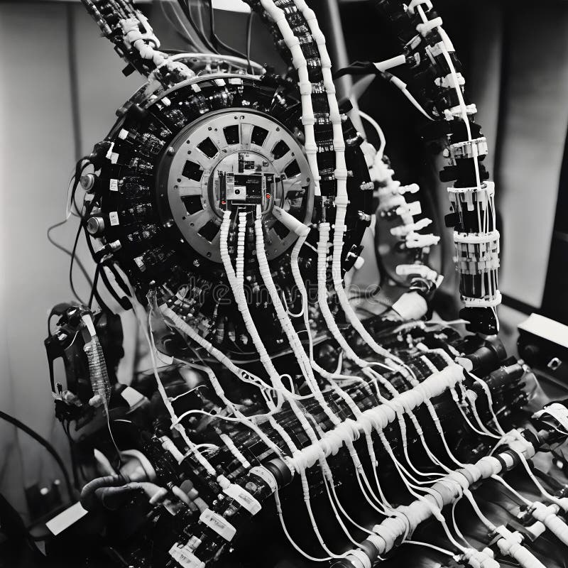 Intricate Machine Close-up with Cables and Circuits in Black and White ...