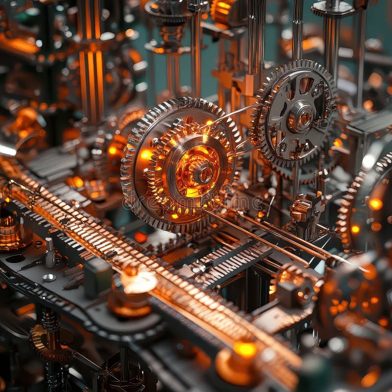 Intricate Machinery with Gears and Cogs in Glowing Metal Design Stock ...