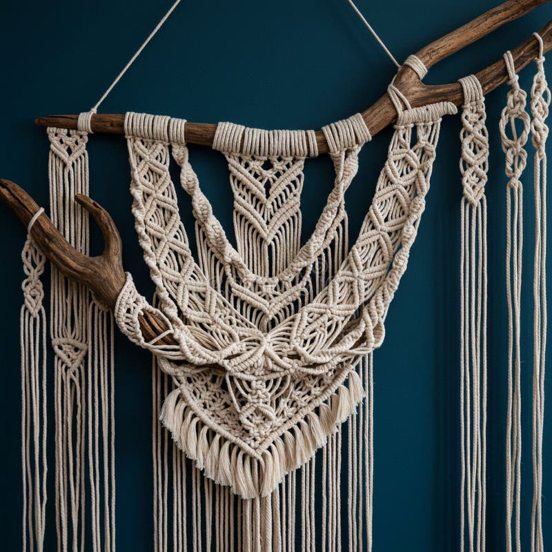 Intricate Macramé Wall Hanging Featuring Cream-colored Cotton Threads ...