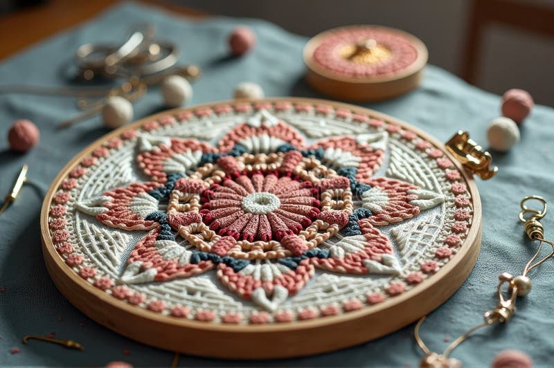 Intricate Macrame Mandala Hoops with Floral Design on Fabric Surface ...