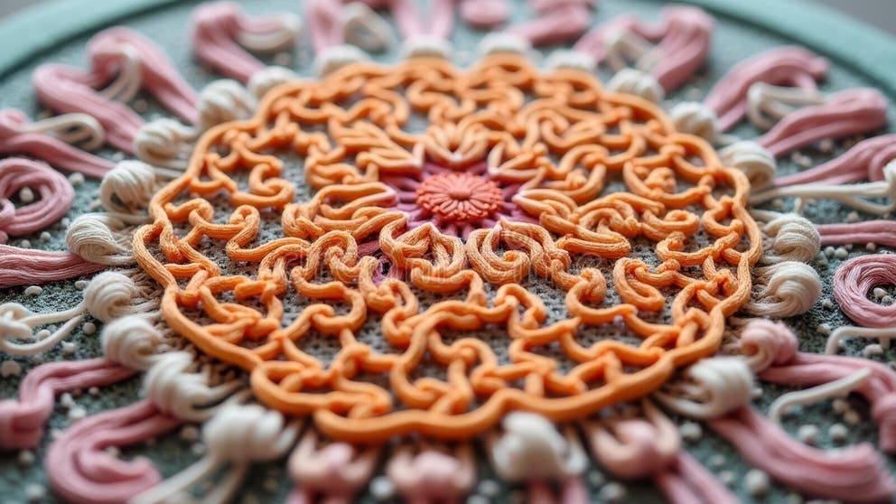 Intricate Macrame Mandala with Orange and Pink Patterns on Textured ...