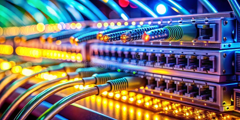 Detailed Closeup of Network Switch Ports and LEDs Examining Network ...