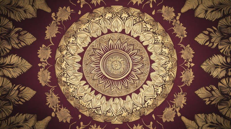 Intricate Mandala with Gold Details on Maroon Background Showcasing ...