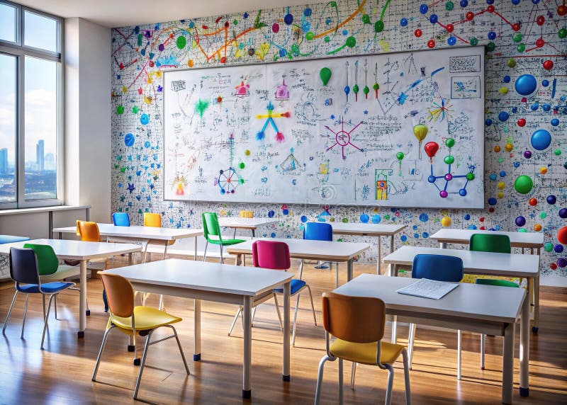 Intricate Math Equations Fill a Colorful Whiteboard in an Empty ...