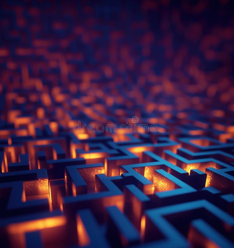 Intricate Maze Design Illuminated with Glowing Orange Light in a Dark ...