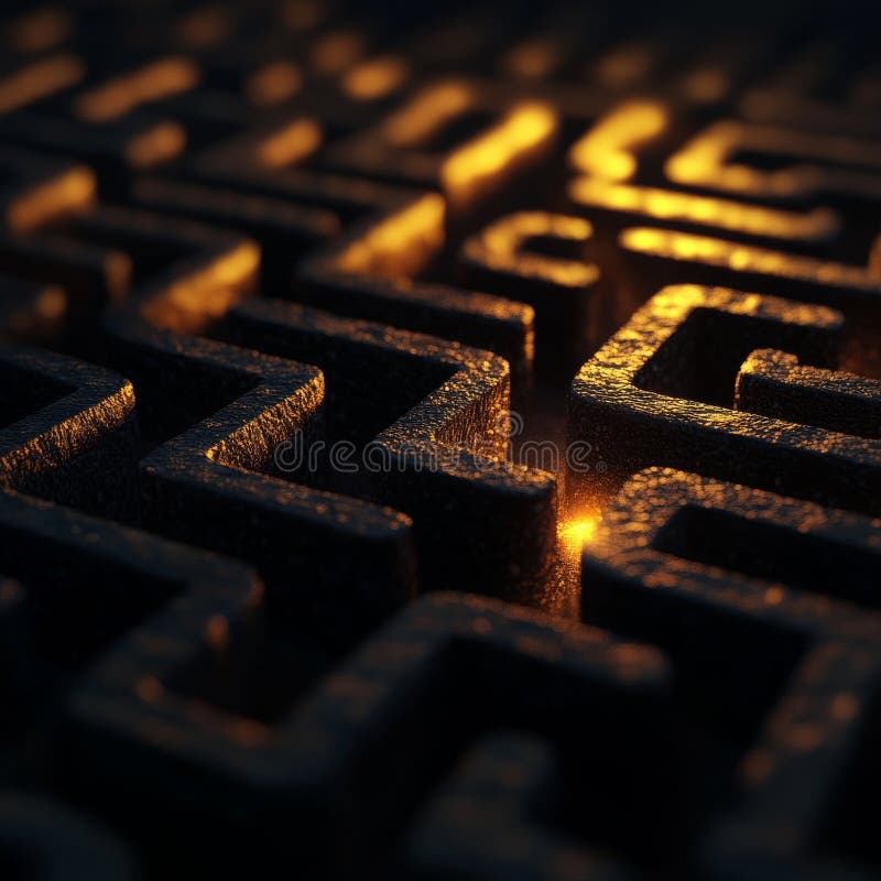 Intricate Maze with Glowing Pathway Illuminated by Warm Light in a Dark ...
