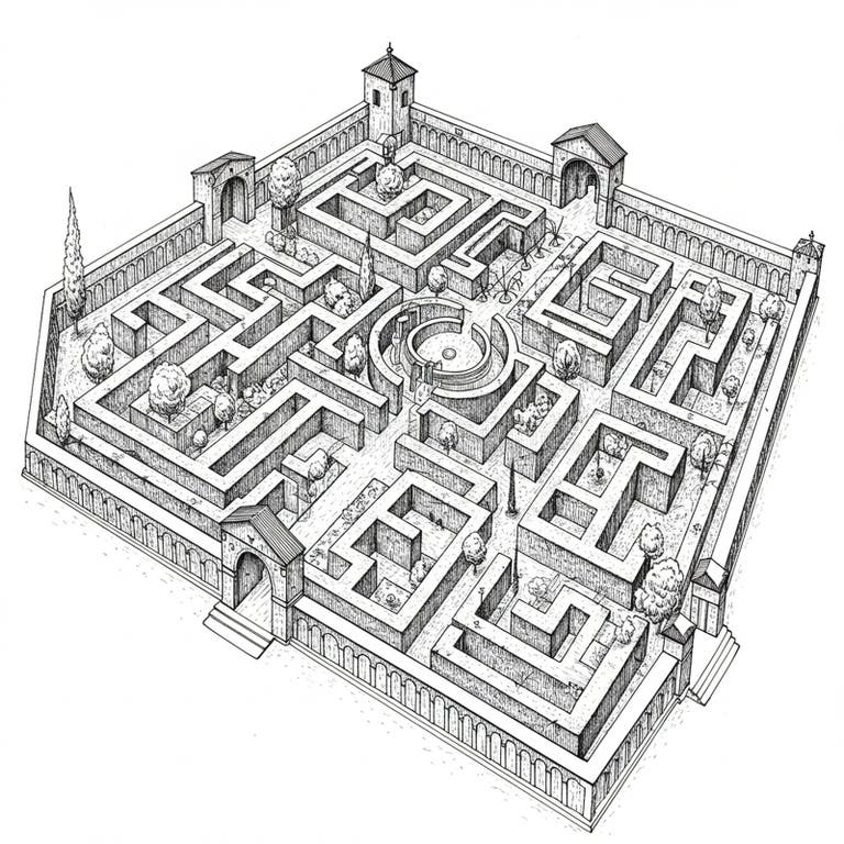 Intricate Maze Illustration Featuring a Square Layout with High Walls ...