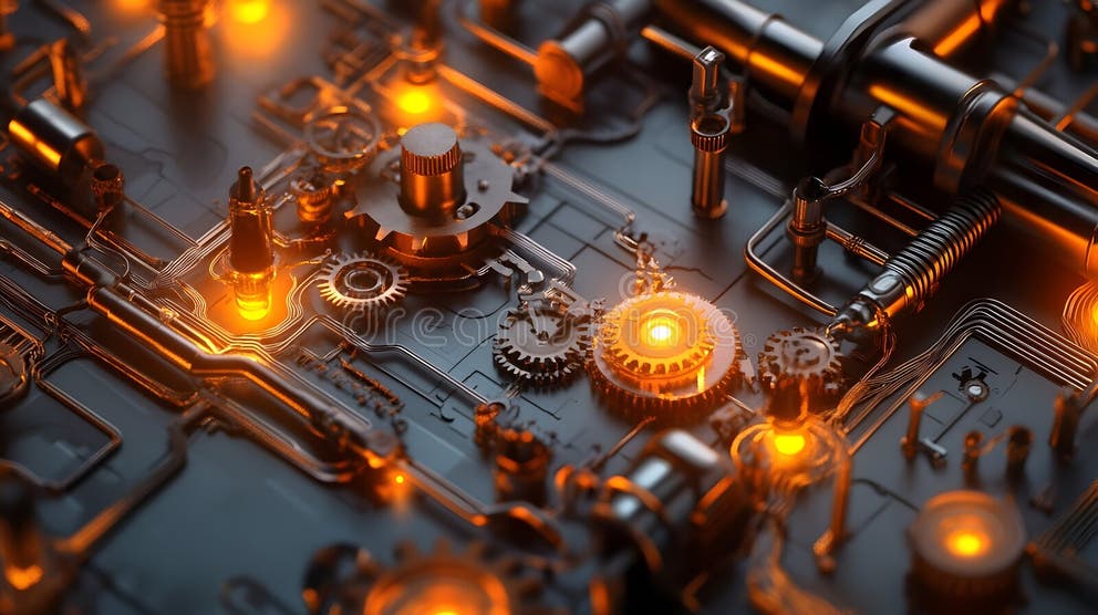 Intricate Mechanical Circuit with Glowing Orange Gears and Components ...