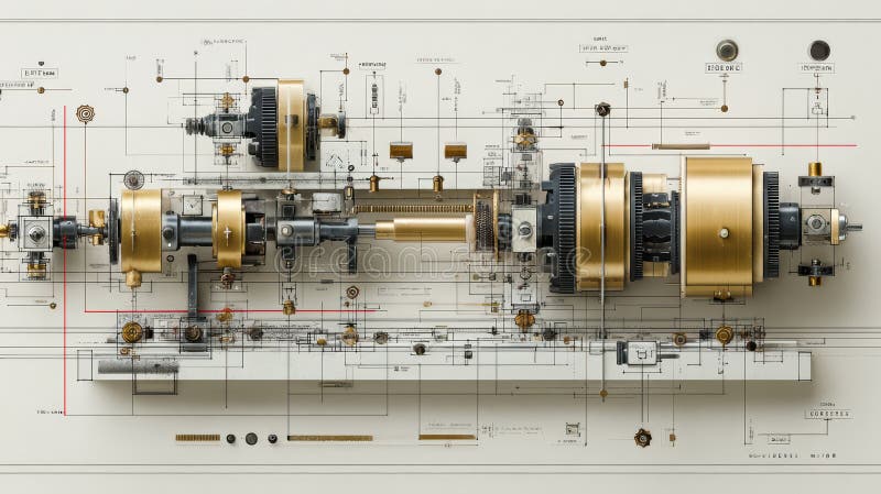 Intricate Mechanical Components with Technical Diagram Background Stock ...