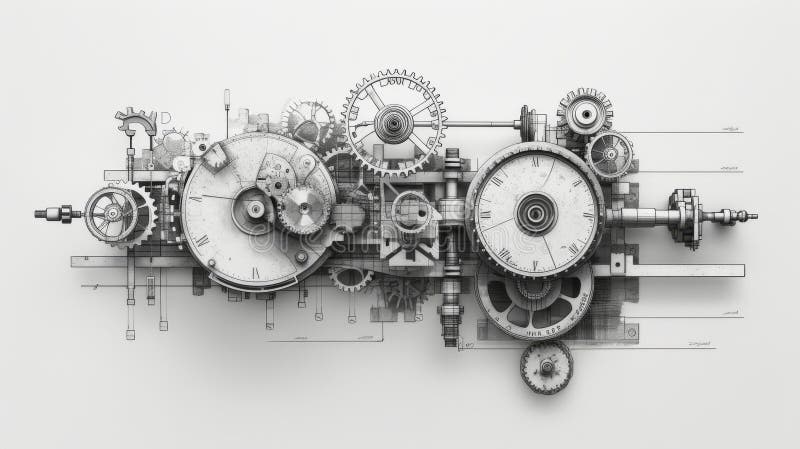 Intricate Mechanical Gear System with Technical Drawings Stock ...