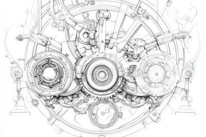 Intricate Mechanical Gears and Cogs in Detailed Line Art Design Stock ...