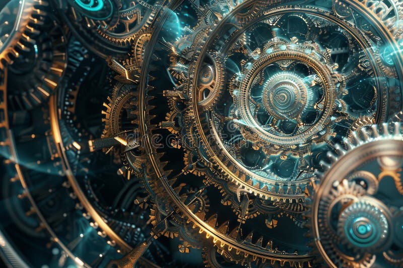 Intricate Mechanical Gears and Cogs in Motion. Close-Up View of a ...