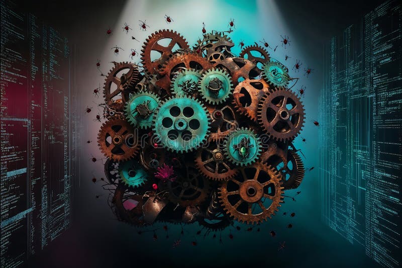 Intricate Mechanical Gears Float Amidst a Digital Backdrop with Subtle ...