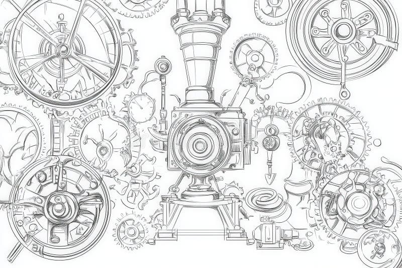 Intricate Mechanical Gears and Vintage Machine Illustrations Stock ...
