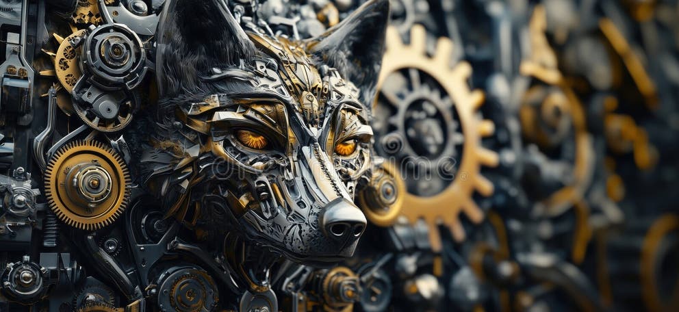Intricate Mechanical Wolf Head Sculpture with Gears and Steampunk ...