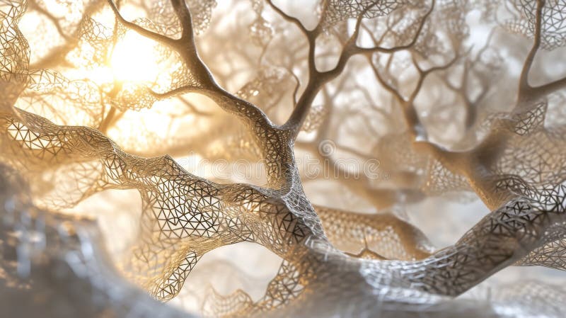 Intricate Mesh Tree Branches in Glowing Sunset Light Stock Illustration ...