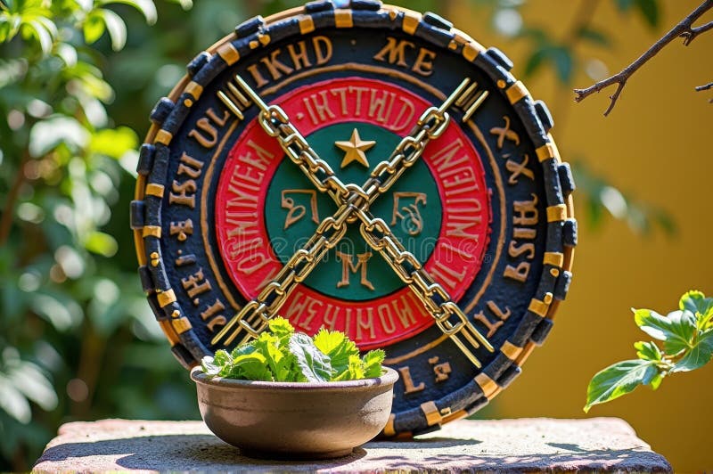 Intricate Metal Emblem with Chains and Bowl of Fresh Herbs in Sunlit ...