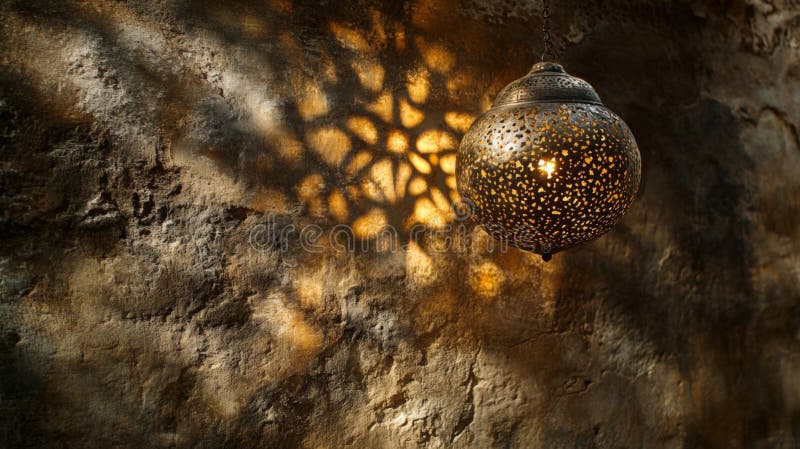 Intricate Metal Lantern Casts Shadow on Rough Wall Stock Illustration ...
