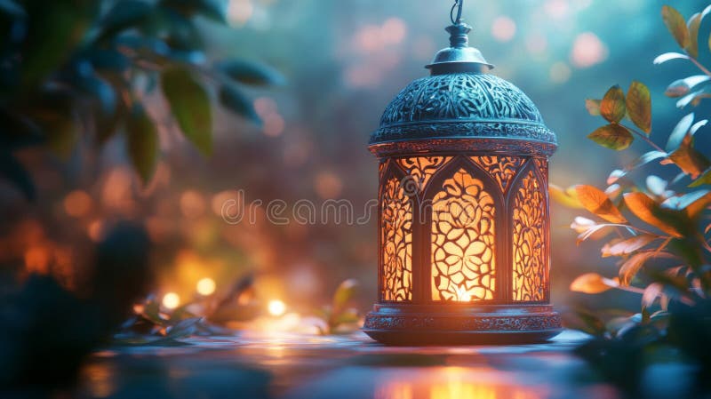 Intricate Metal Lantern Glowing in a Serene Night Garden Stock ...