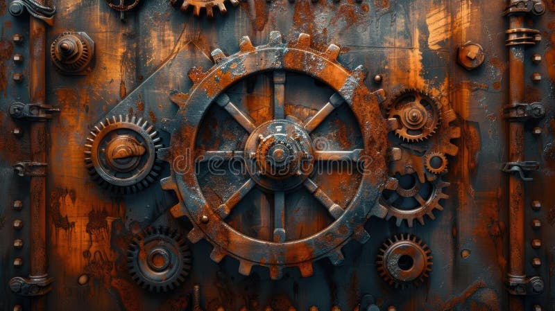 Intricate Metallic Gears and Cogs on a Rusty Backdrop, Highlighting ...