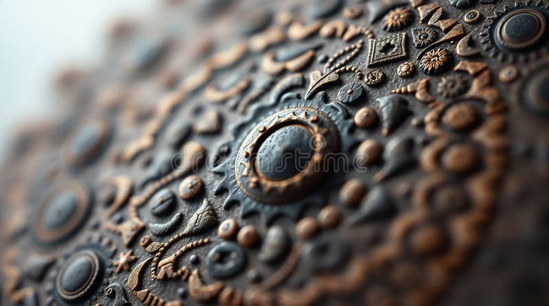 Intricate Metallic Surface Showing Detailed Ancient Engravings Stock ...