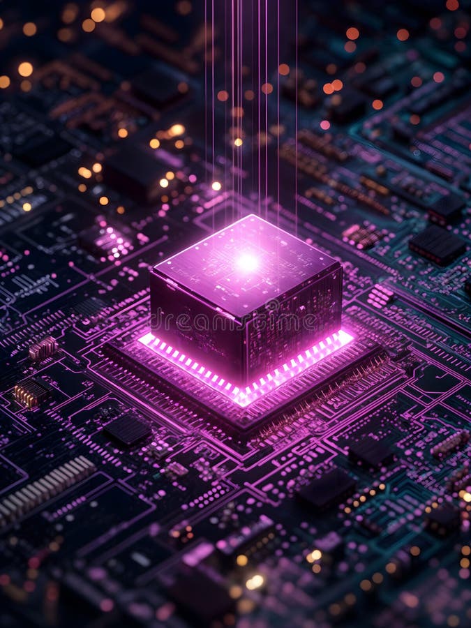 Intricate Microchip Illuminated by Vibrant Purple Lights on a Complex ...