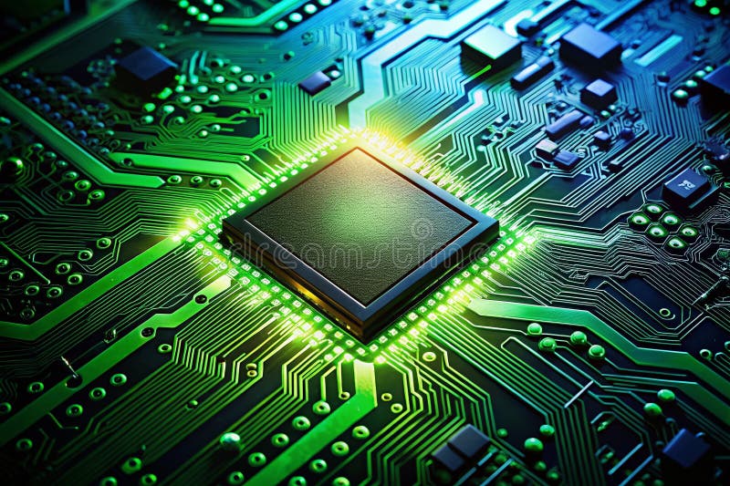 Intricate Microchip Silhouette Against a Vibrant Green Circuit Board a ...