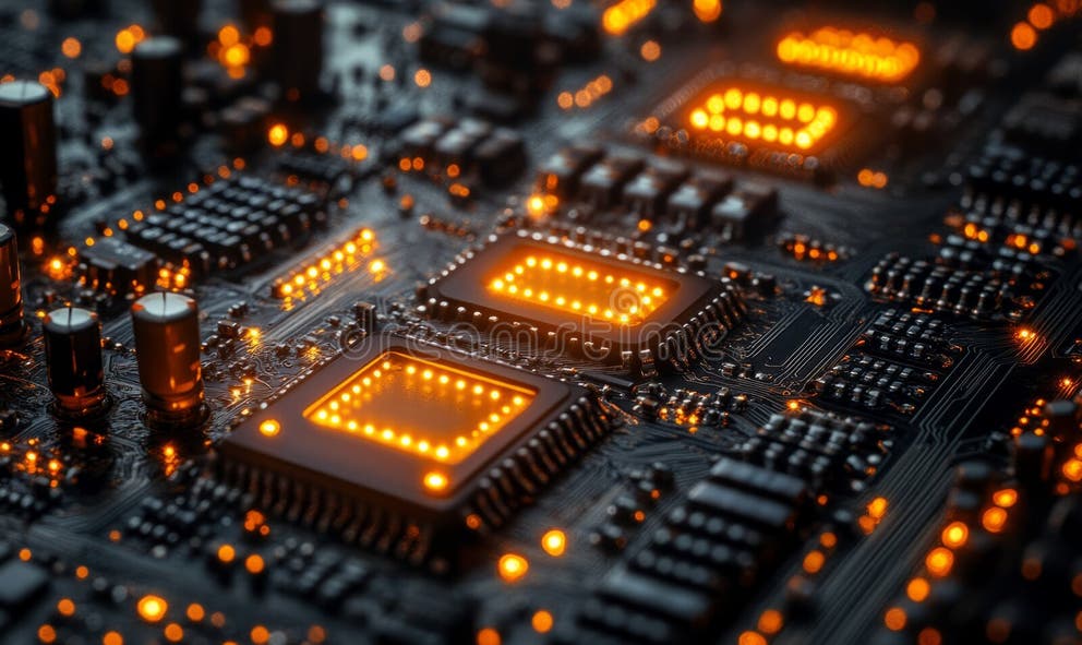 Intricate Miniature Circuit Board Illuminated by Glowing Components ...