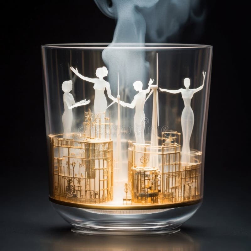 Intricate Miniature Cityscape in Glass with Figures and Smoke Effects ...