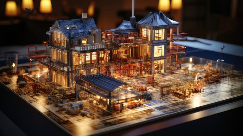 Intricate Model of Construction Project with Illuminated Building ...