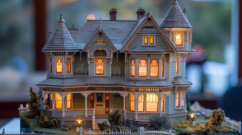 An Intricate Model of a Victorian Style House, with Its Windows Glowing ...