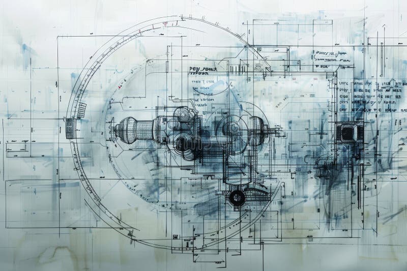 Intricate Monochromatic Blueprint Sketch of a Highly-detailed Machine ...