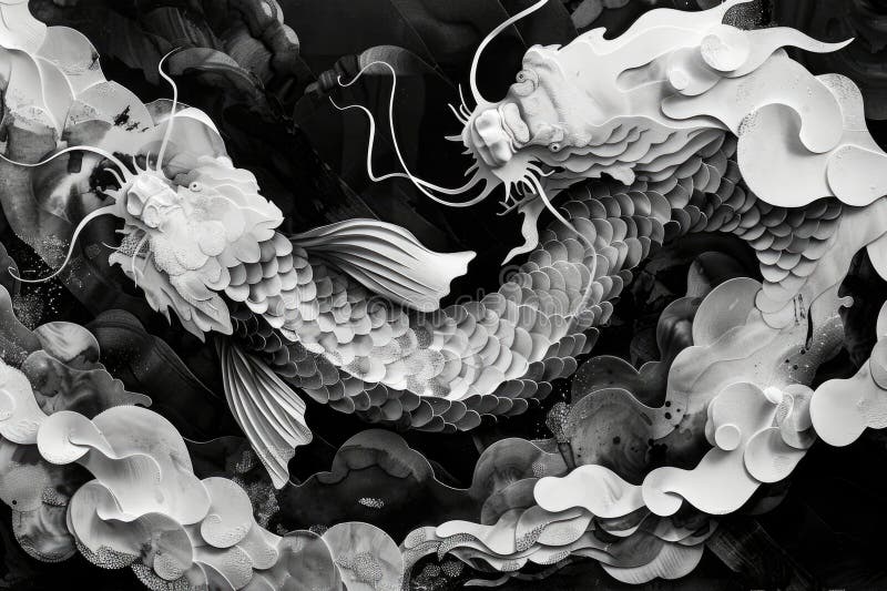 Intricate Monochrome Sculptures of Mythical Koi Fish in Abstract Art ...