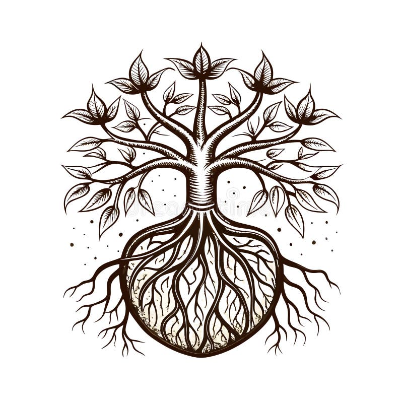 Stylized Vector Tree of Life Illustration with Detailed Roots and ...