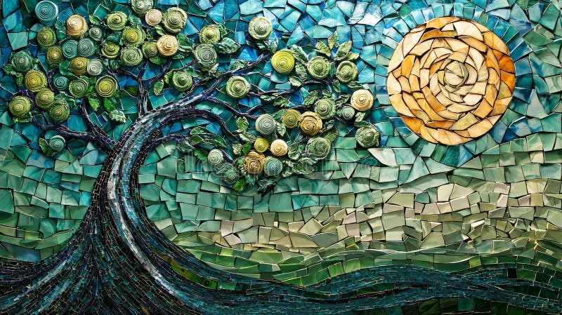 Intricate Mosaic Art Depicting Tree and Sun Stock Illustration ...