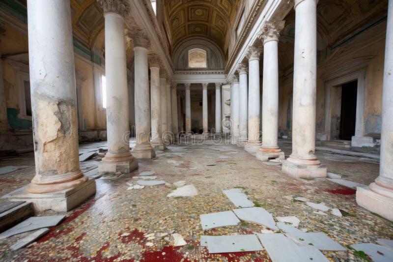 Intricate Mosaic Floor in Ancient Ruins, Surrounded by Broken Columns ...