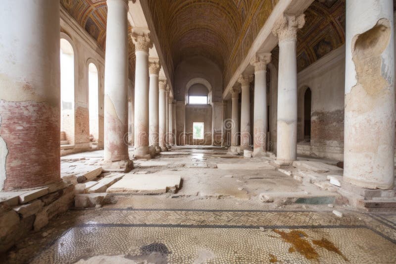 Intricate Mosaic Floor in Ancient Ruins, Surrounded by Broken Columns ...