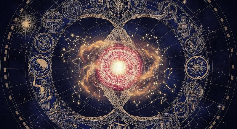 An Intricate, Mystical Cosmic Chart with Celestial Constellations, Ancient Symbols, and a ...