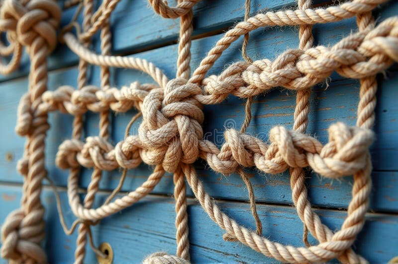 Intricate Nautical Rope Knots on Weathered Blue Wooden Background Stock ...